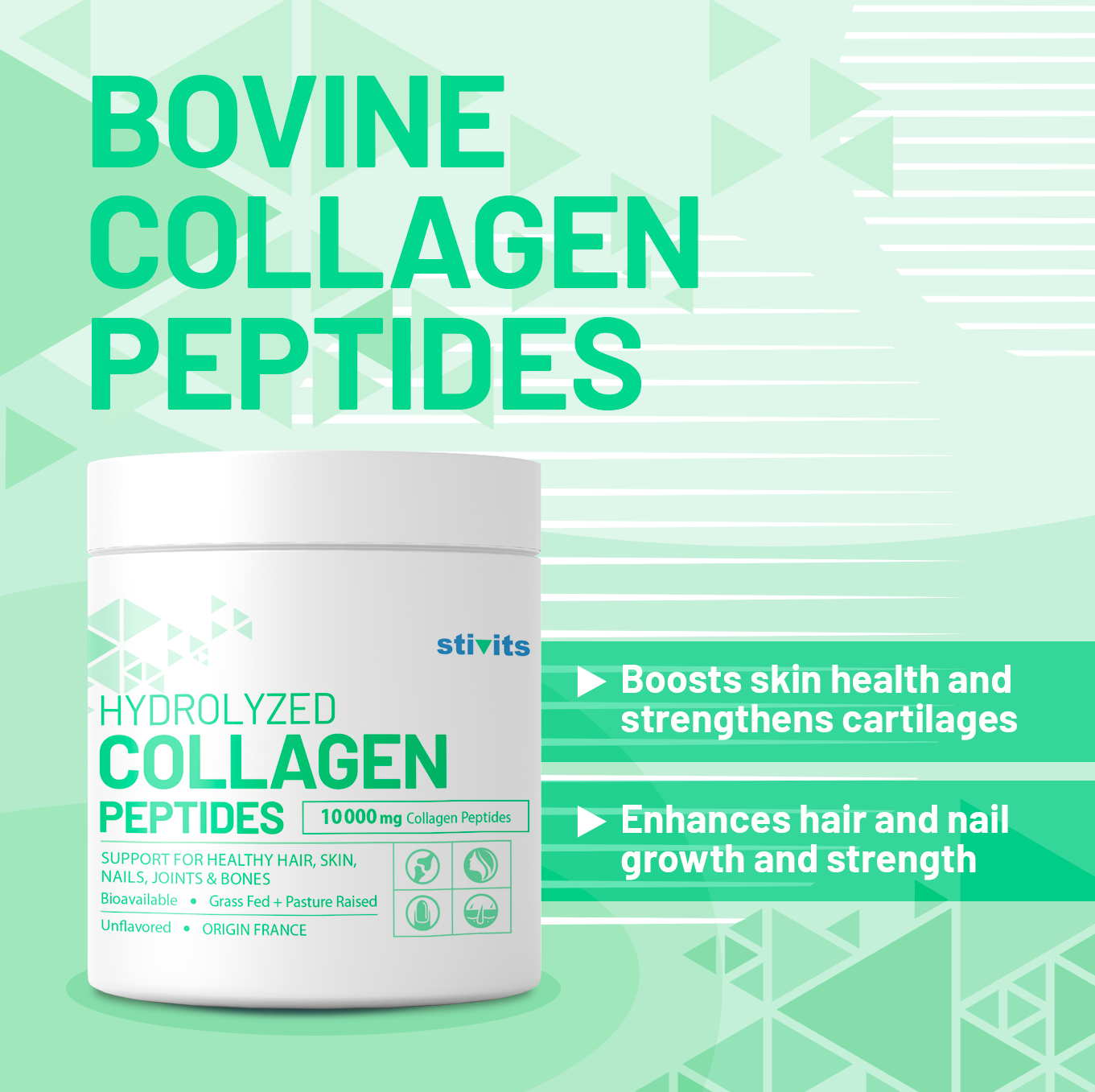 Hidrolizēti Liellopu kolagēna peptīdi, 10 000 mg I un III tipa pulveris, 300 g (Bovine Collagen ...