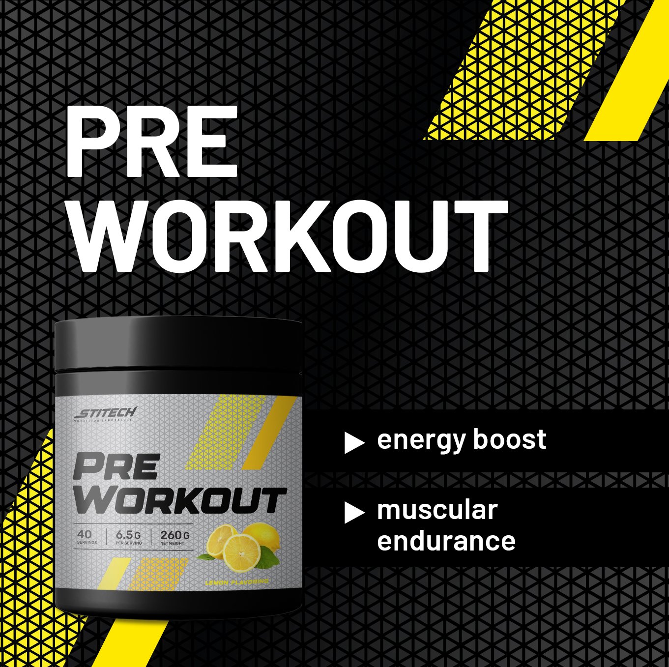 Stitech PRE WORKOUT Lemon Flavoring 40 servings 260g - Stivits.lv